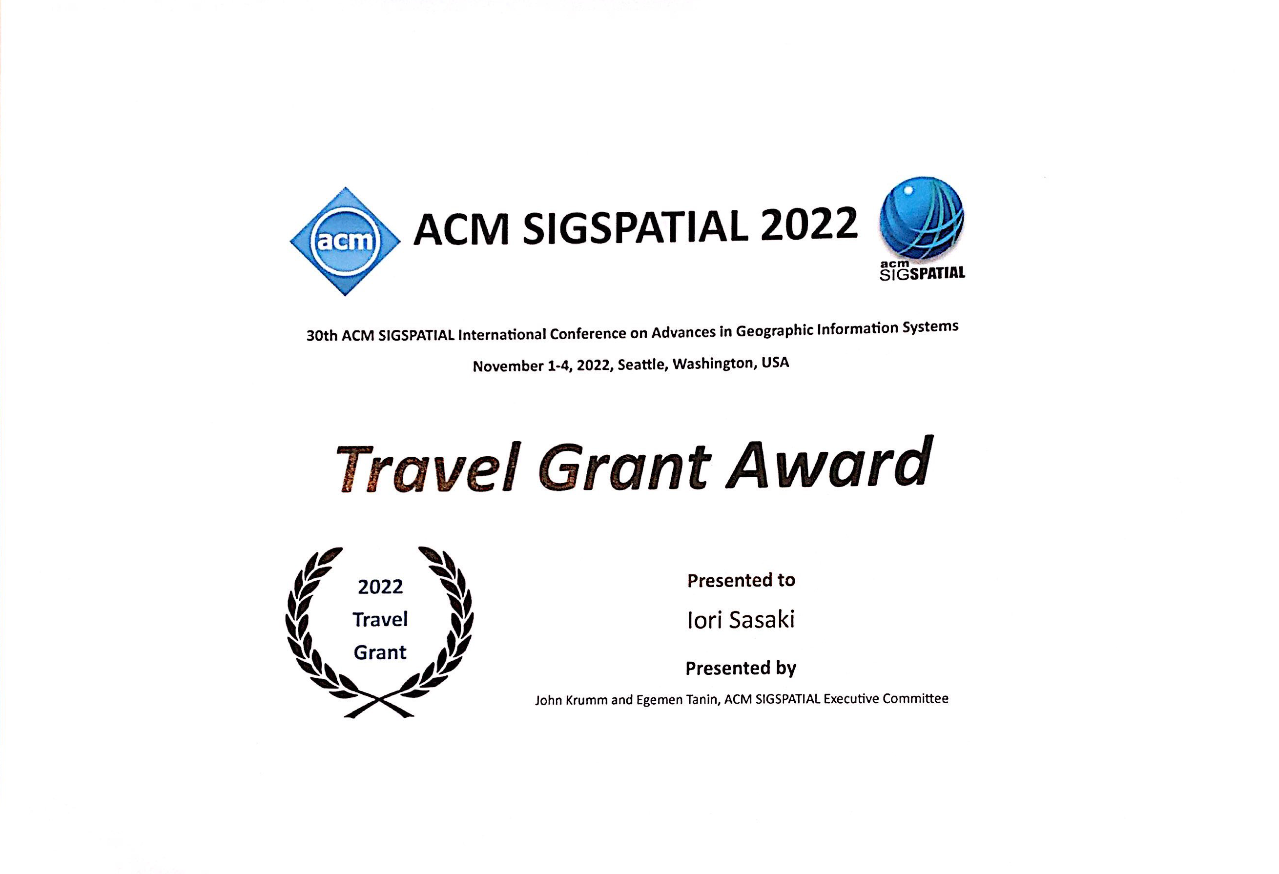 ACM SIGSPATIAL 2022において、佐々木一織さんがTravel Grant Awardを受賞しました。 – 人間情報工学コース